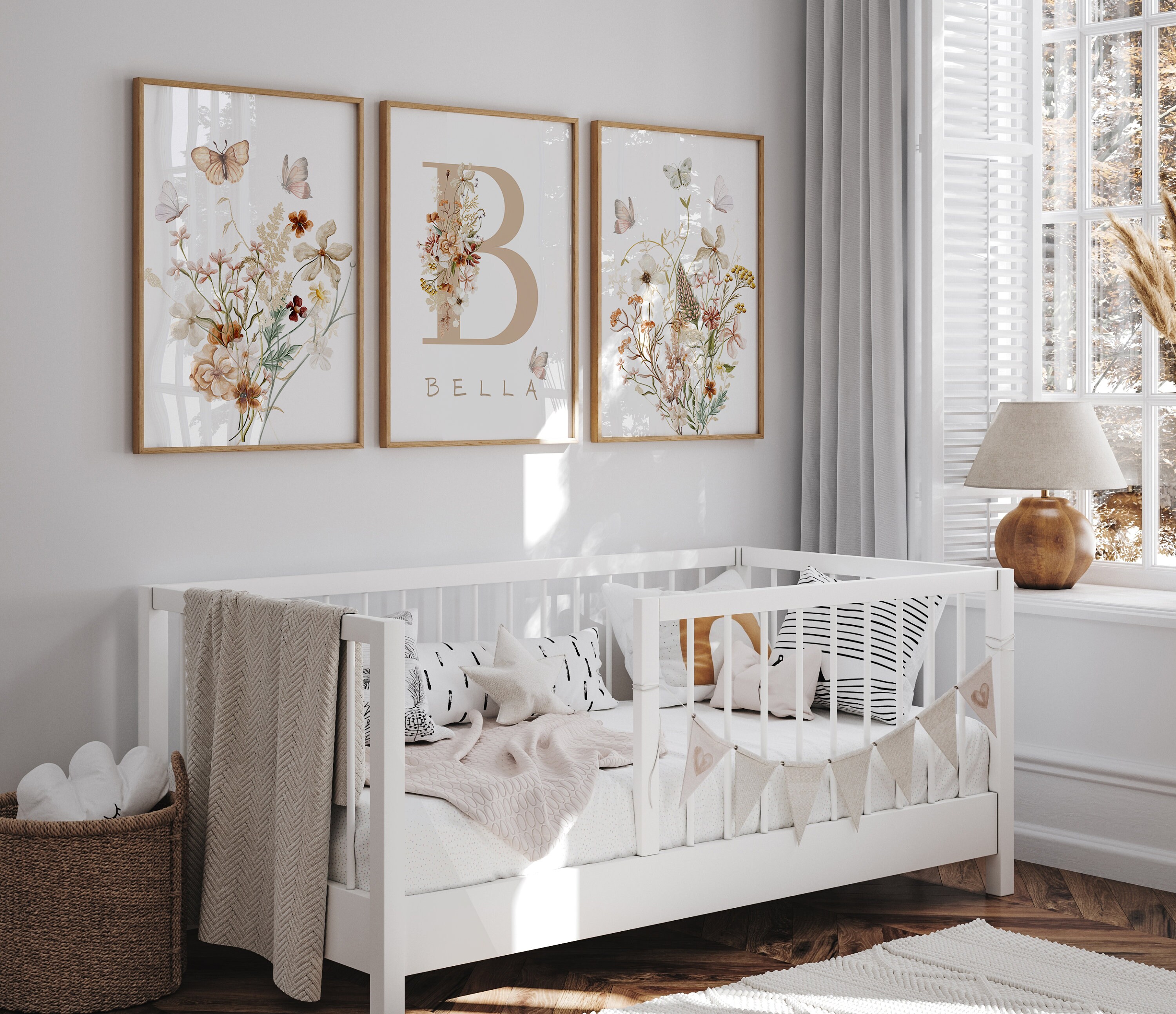 Floral Personalised Nursery Wall Art Set of 3, Boho Wildflower Nursery ...