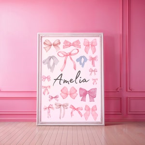 Trendy Pink Bows Wall Art, Pink Bow Print,custom Name, Coquette ...