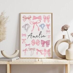 Trendy Pink Bows Wall Art, Pink Bow Print,custom Name, Coquette ...