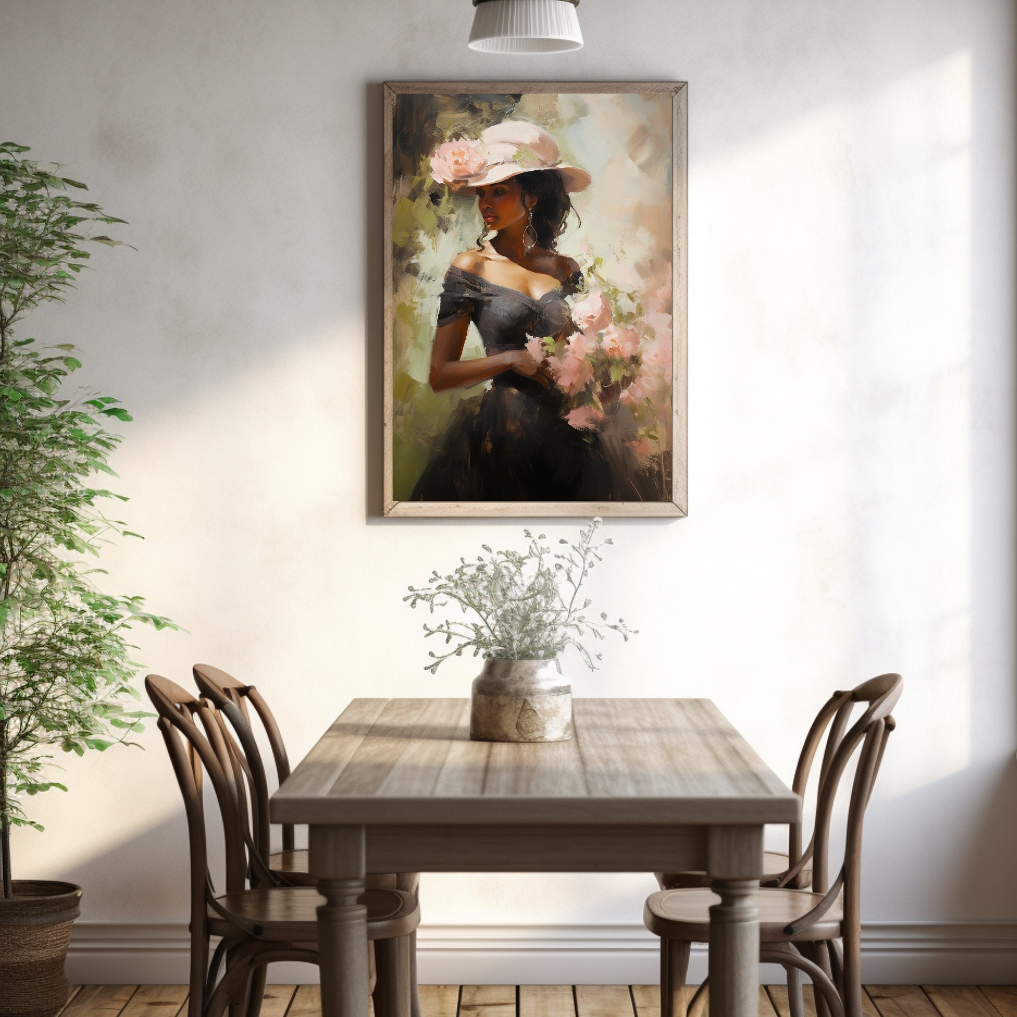 Black Lady Wall Art Black Victorian Woman Portrait Floral Vintage Lady ...