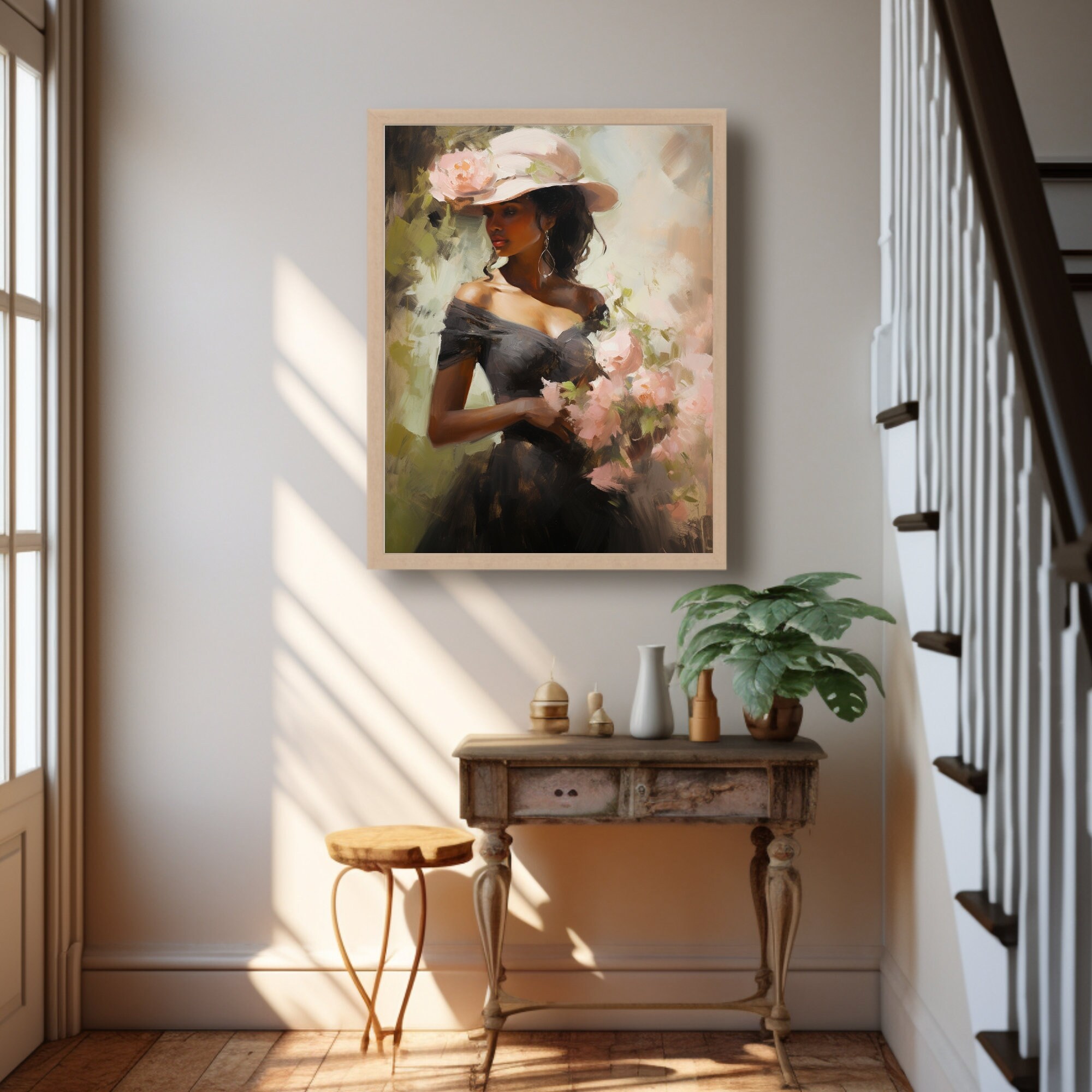 Black Lady Wall Art Black Victorian Woman Portrait Floral Vintage Lady ...