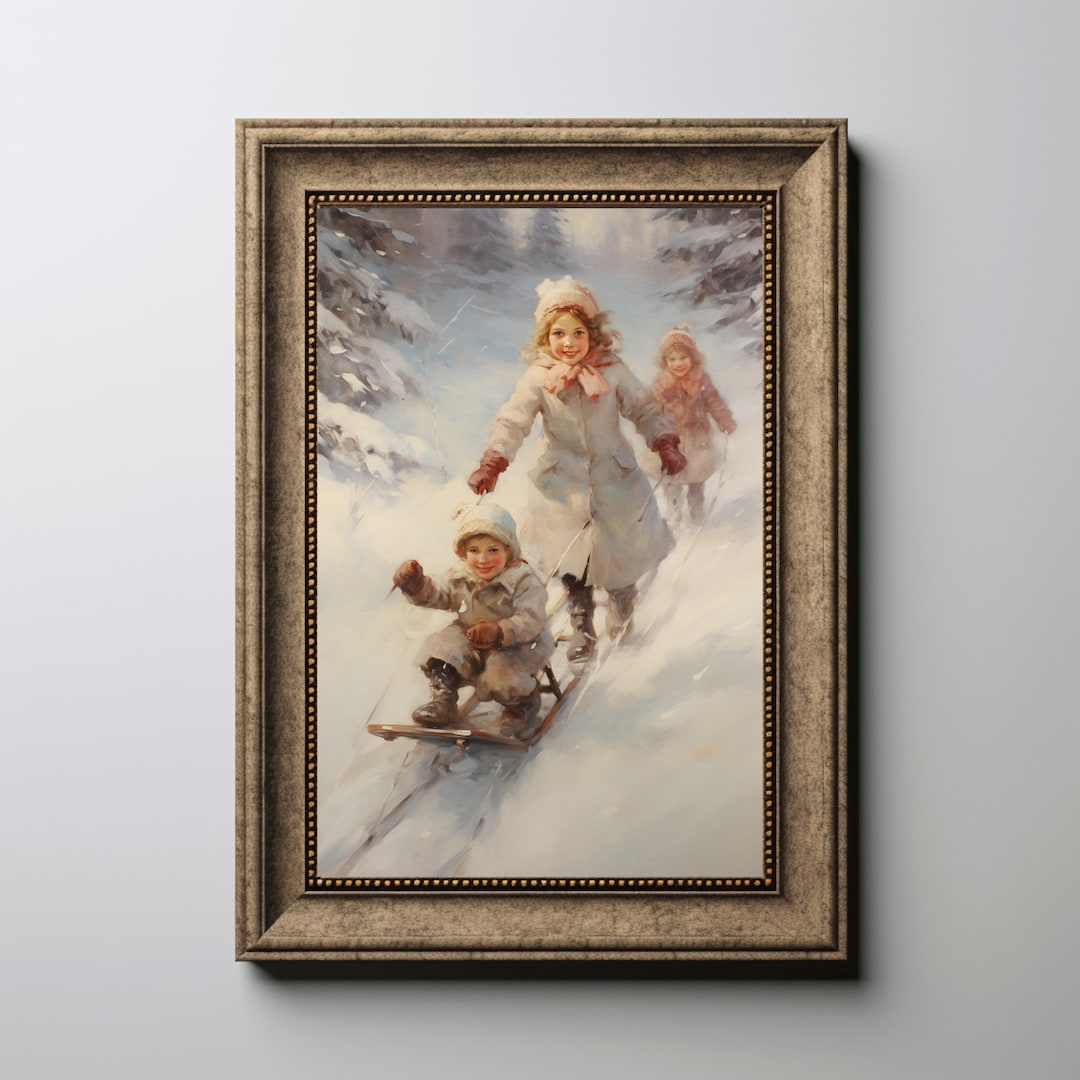 Kids Sledding in the Snow Print Snowy Christmas Print Victorian ...
