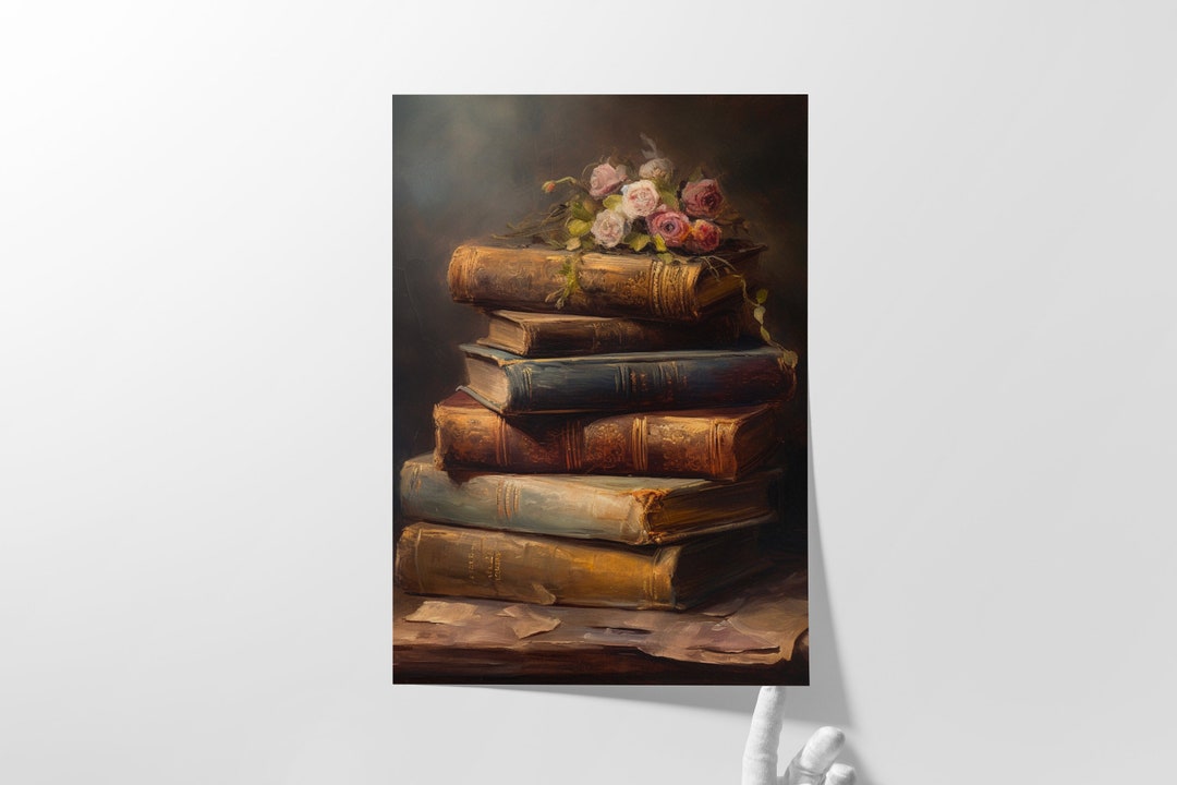 Moody Bookish Print Floral Book Art Print Antique Books Canvas Print ...
