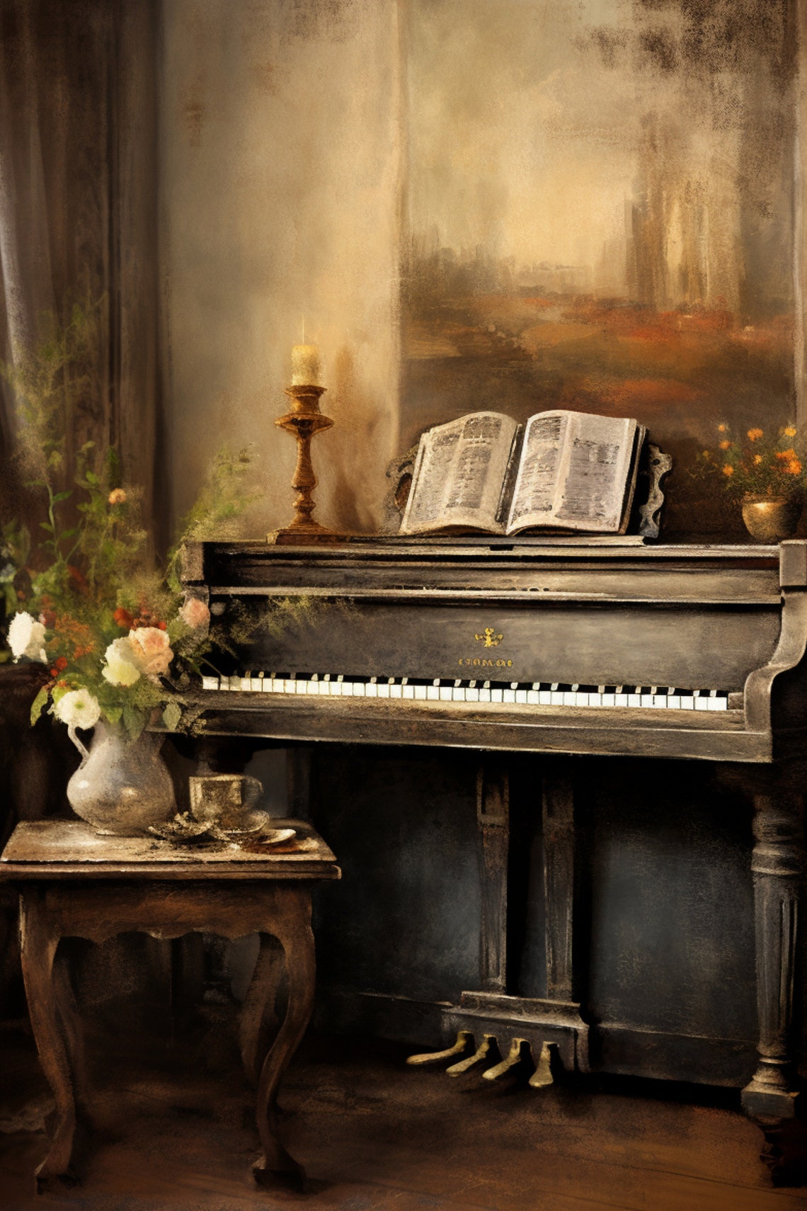 Moody Piano Art Print Antique Piano Wall Art Vintage Earthy Color Print ...