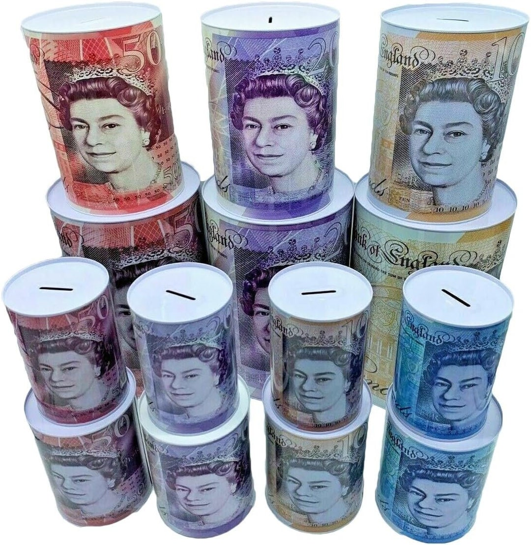 Money Box Tin Pound Sterling Note Design Kids Saving Cash Piggy Bank ...