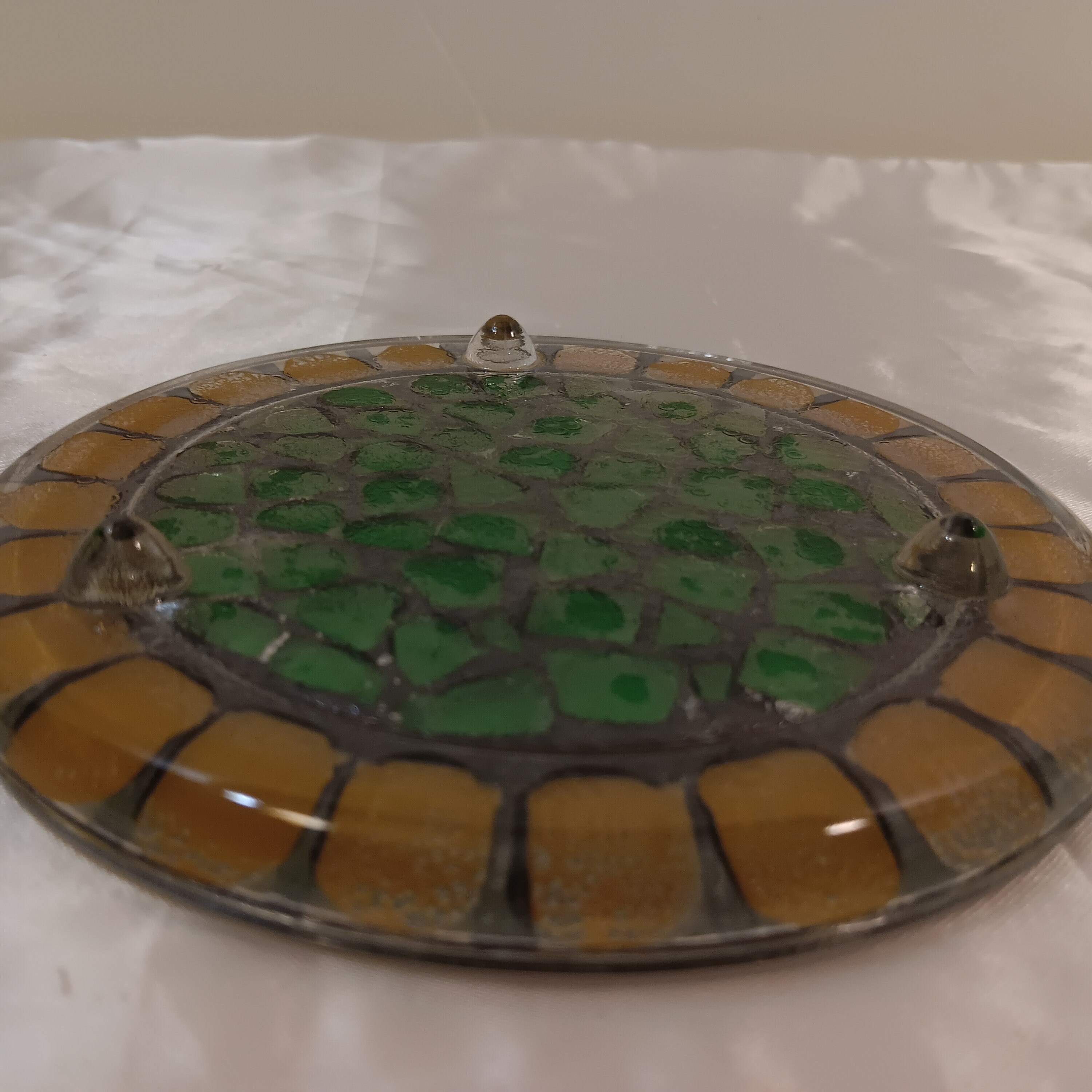 Vintage Green & Gold Mosaic Footed Glass Trivet Hot Plate Kitchen Decor ...