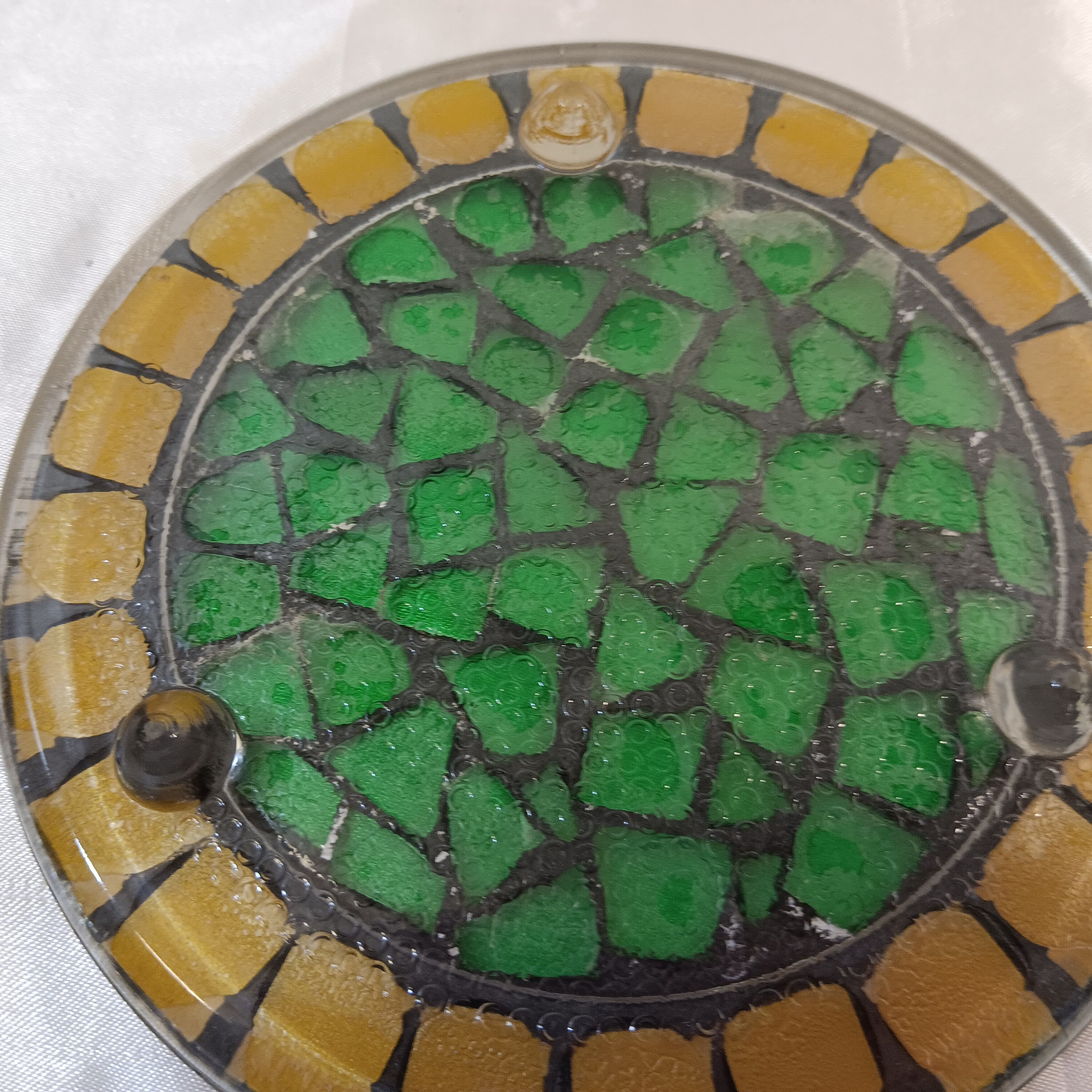 Vintage Green & Gold Mosaic Footed Glass Trivet Hot Plate Kitchen Decor ...