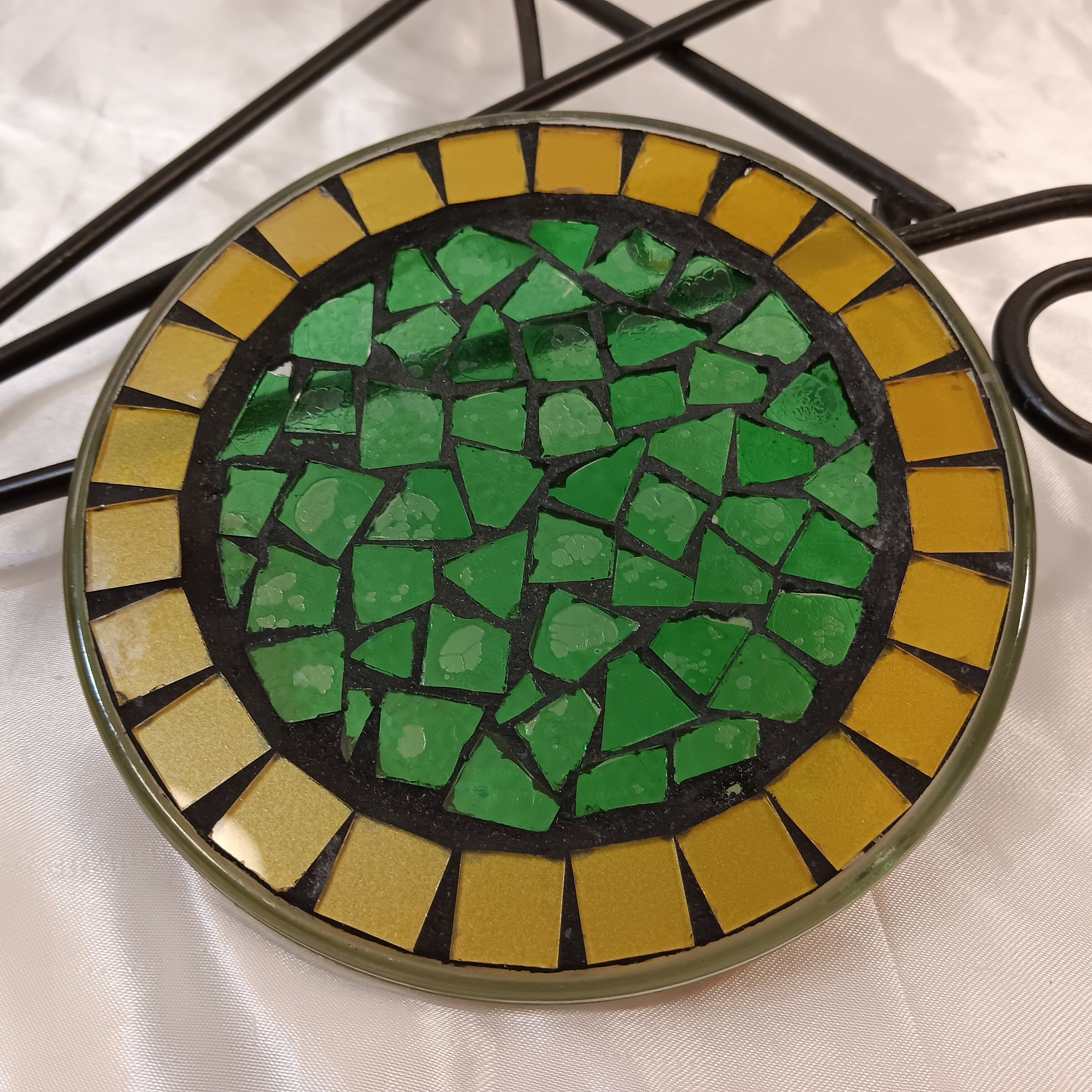 Vintage Green & Gold Mosaic Footed Glass Trivet Hot Plate Kitchen Decor ...