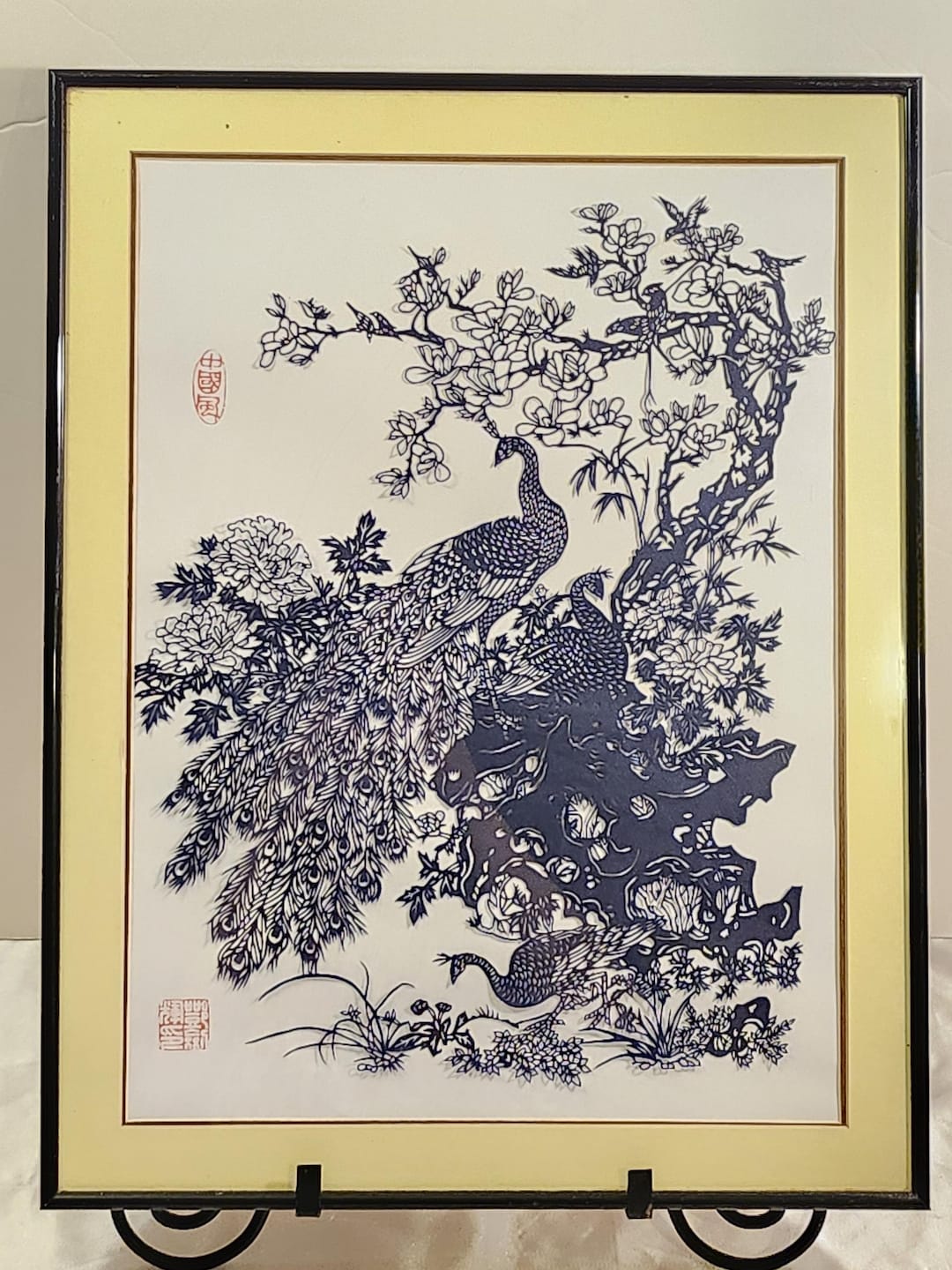Vintage Asian Traditional Paper Cutting Peacocks Roosting Framed Wall ...