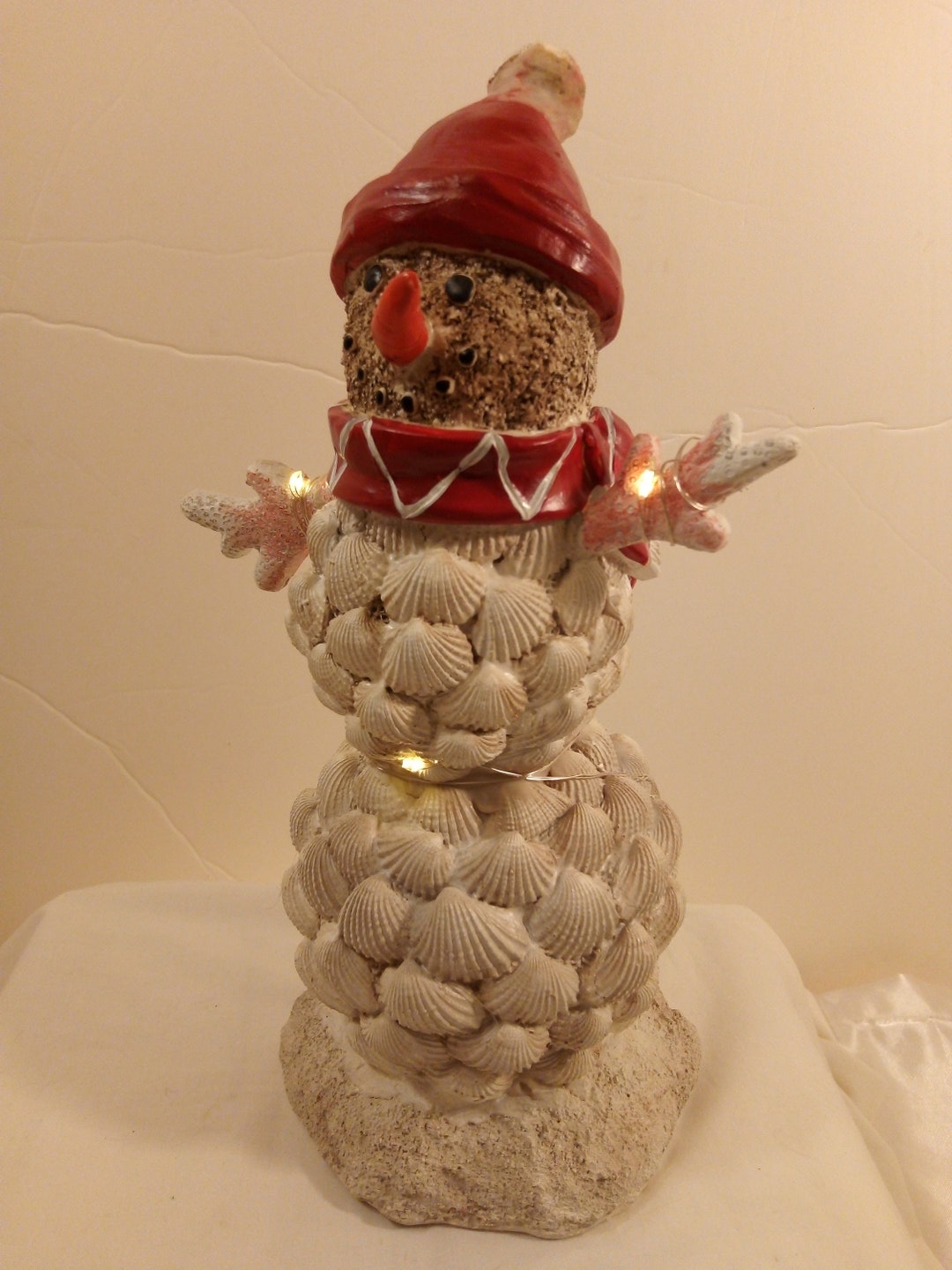 Tiny LED Lites Antiqued White Seashell Snowman Figurine Christmas Beach ...