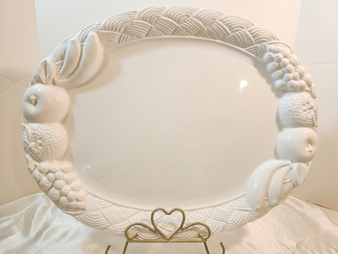 Vintage Over & Back White Ceramic Embossed 3D Fruits Serving Platter ...