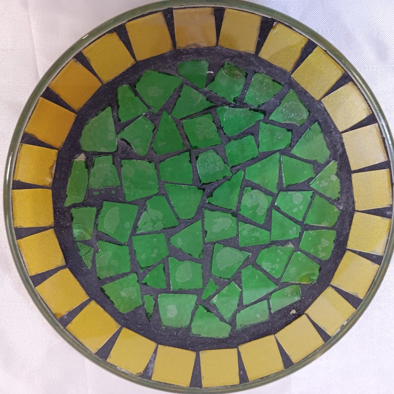 Vintage Green & Gold Mosaic Footed Glass Trivet Hot Plate Kitchen Decor ...