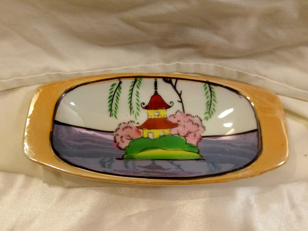 Vintage Japan Hand Painted Ceramic Lusterware Pagoda Scene Trinket ...