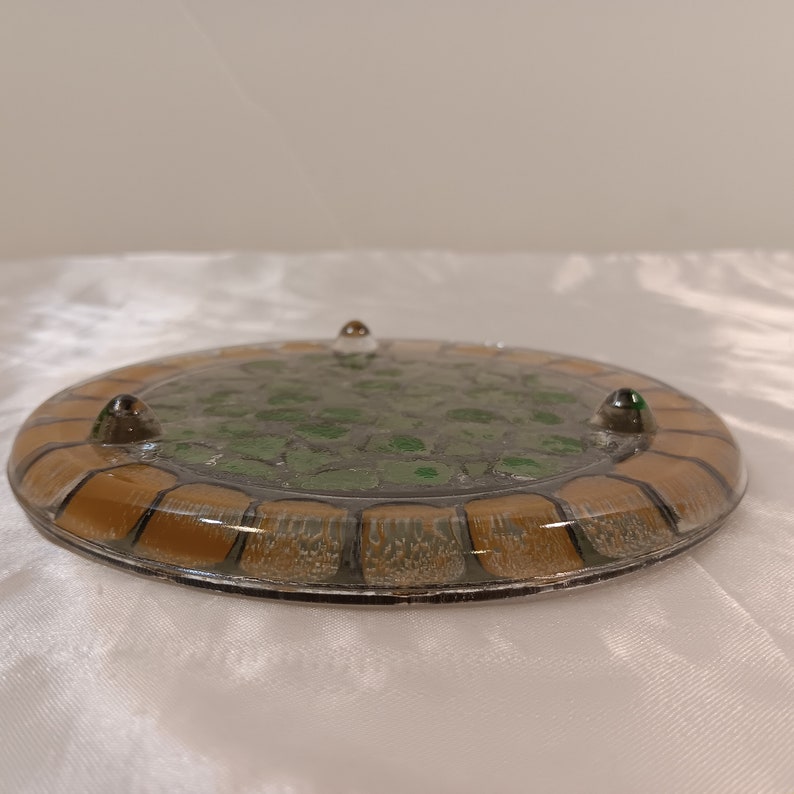 Vintage Green & Gold Mosaic Footed Glass Trivet Hot Plate Kitchen Decor ...