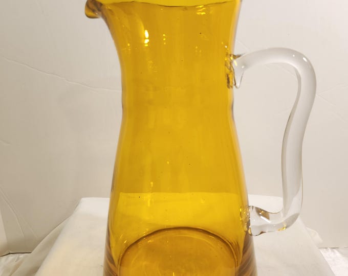 Vintage Hand-blown Amber Yellow Glass Pitcher Applied Asymmetrical ...