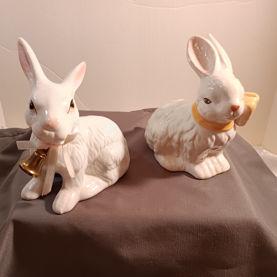 Set of 2 Vintage White Glazed Ceramic Bunny Rabbits Easter Collectibles ...