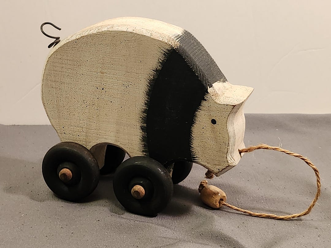 Vintage Wooden Pig Pull Toy on Wheels Primitive Hand Painted Folk Art ...