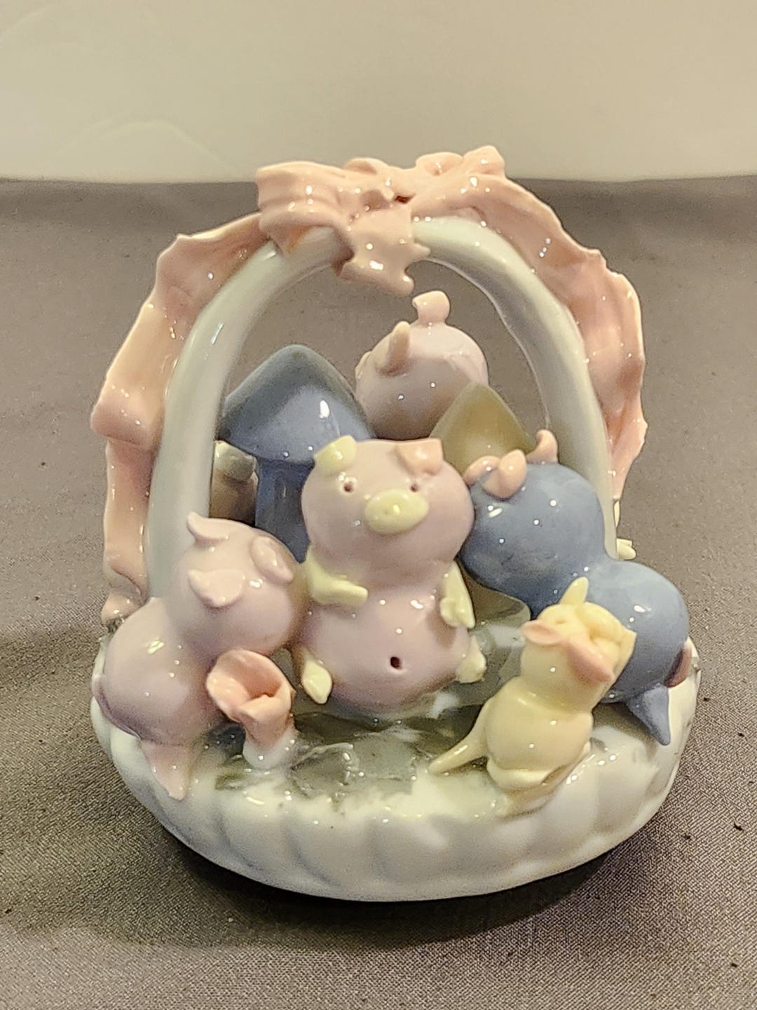 Vintage Porcelain Pastel "pigs in a Basket" Figurine Momma, Piglets ...