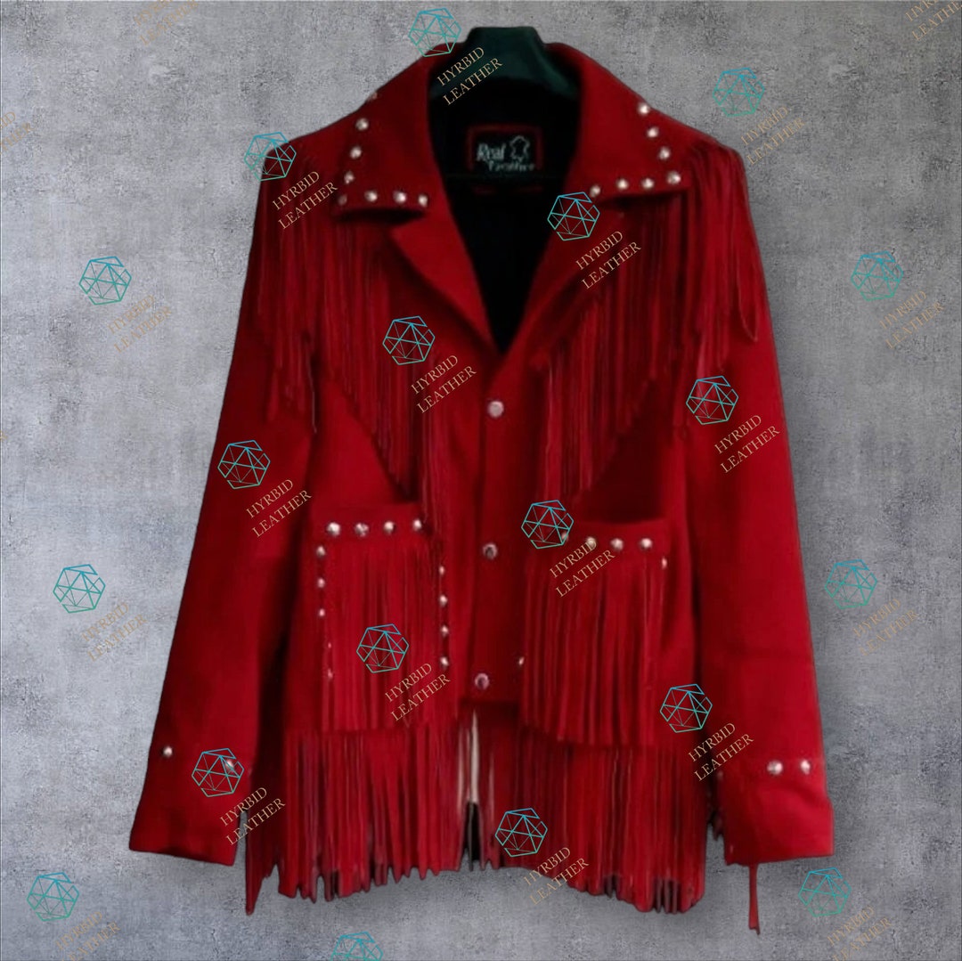 Women's Vintage Fringe Leather Jacket, Red Suede Leather Jacket, Ladies ...