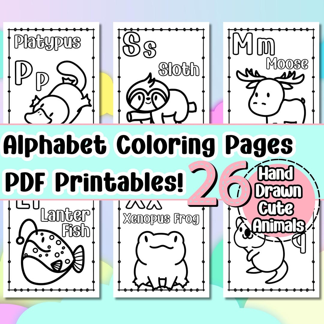 Alphabet Coloring Pages A to Z for Kids Cute Kawaii Animals Hand Drawn ...