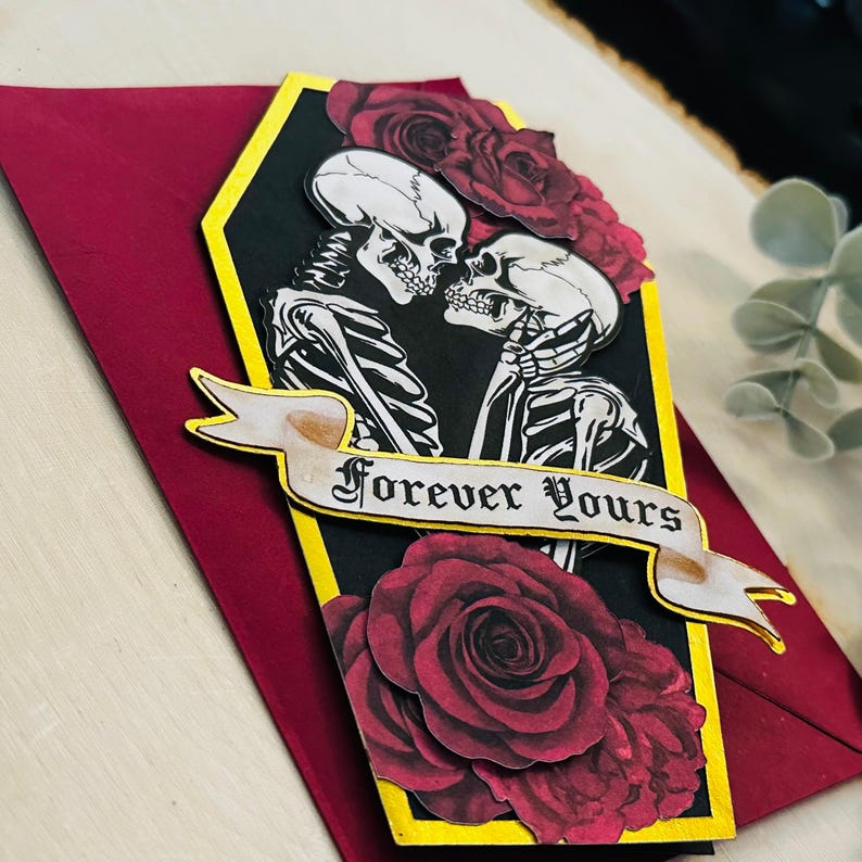 Dark Romantic Coffin Shaped Greeting Card, Forever Yours Skeleton Love ...