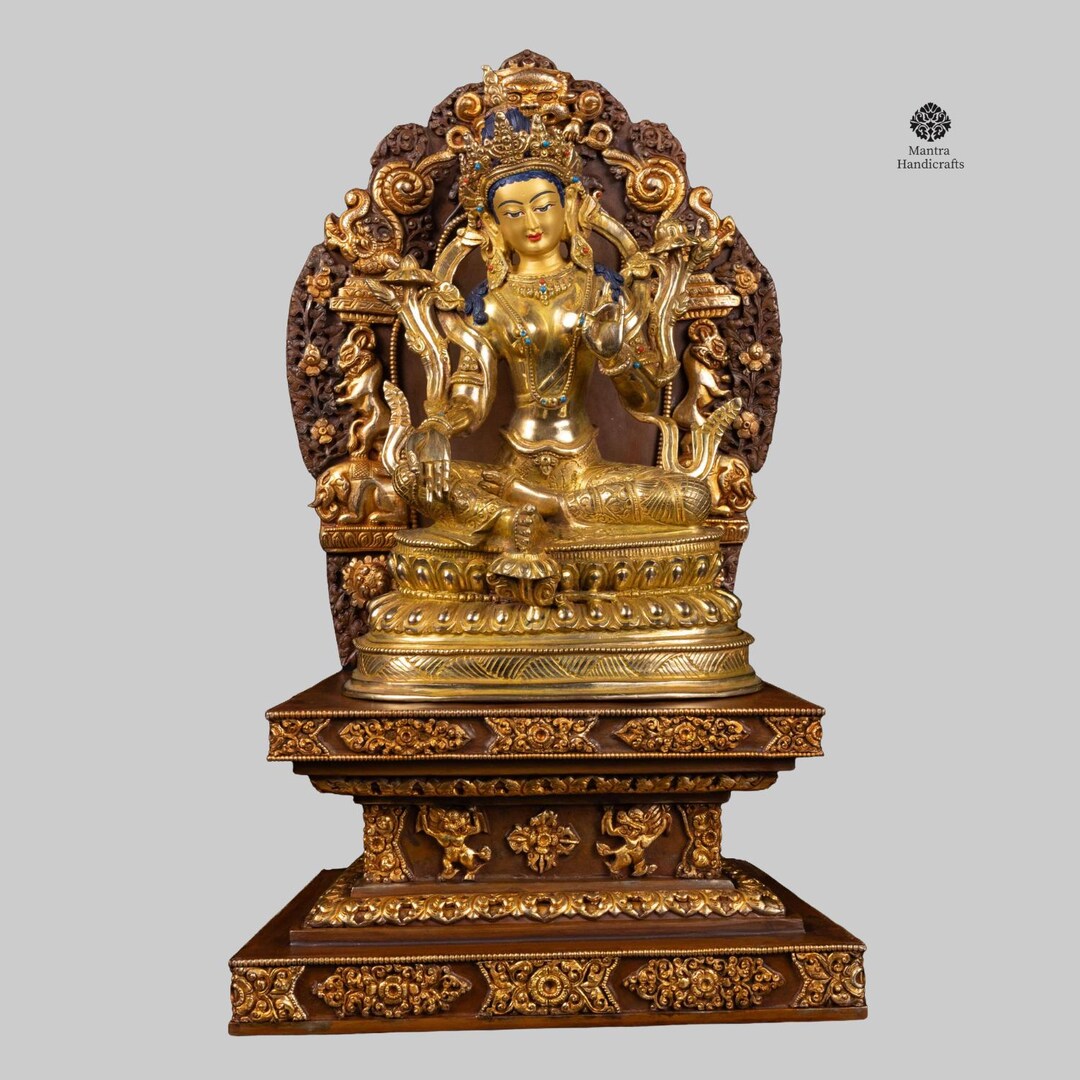 Green Tara With Throne | 24K Gold Gilded Buddhist Statue | Handmade ...
