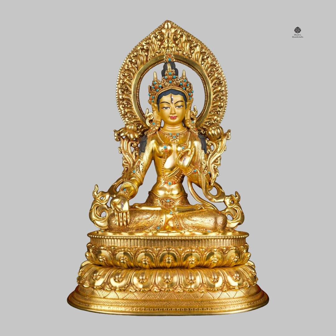 Handcrafted White Tara Statue | 24K Gold Gilded | Tibetan Goddess of ...