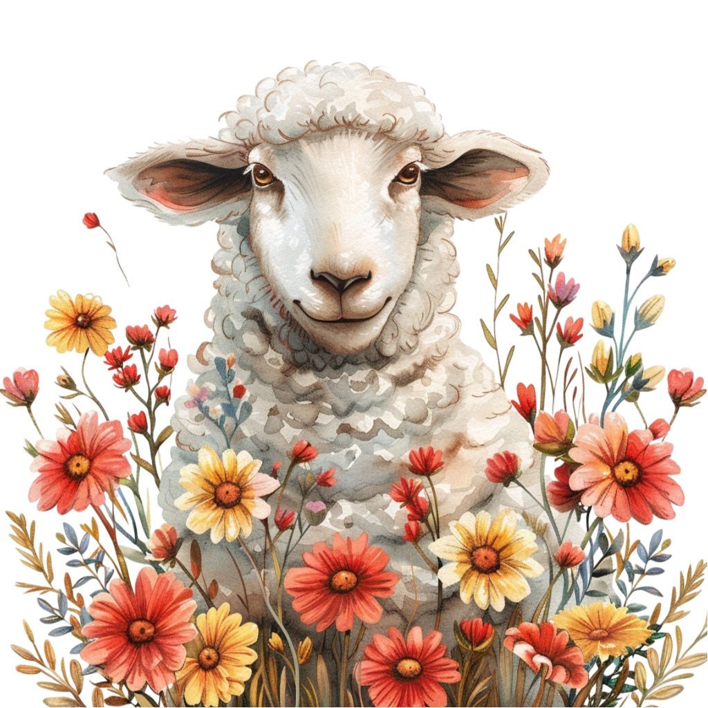 Sheep in Flowers Clipart Bundle, 15 High-quality JPG, Craft Art, Card ...
