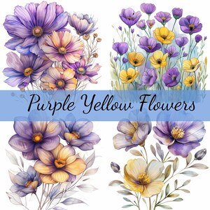 Abstract Purple and Yellow Flowers Clipart Bundle, 16 High-quality JPG ...