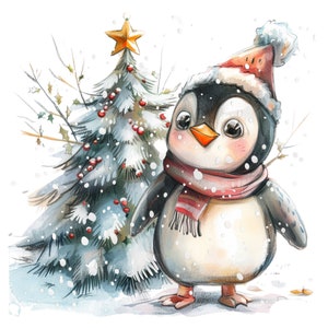 Penguin With Christmas Tree Clipart Bundle, 14 High-quality JPG, Craft ...