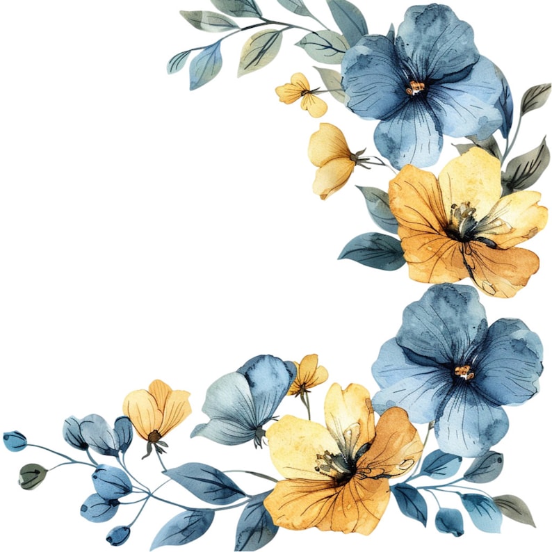 16 Blue Yellow Flower Corner Frame Clipart Bundle, 16 High-quality JPG ...