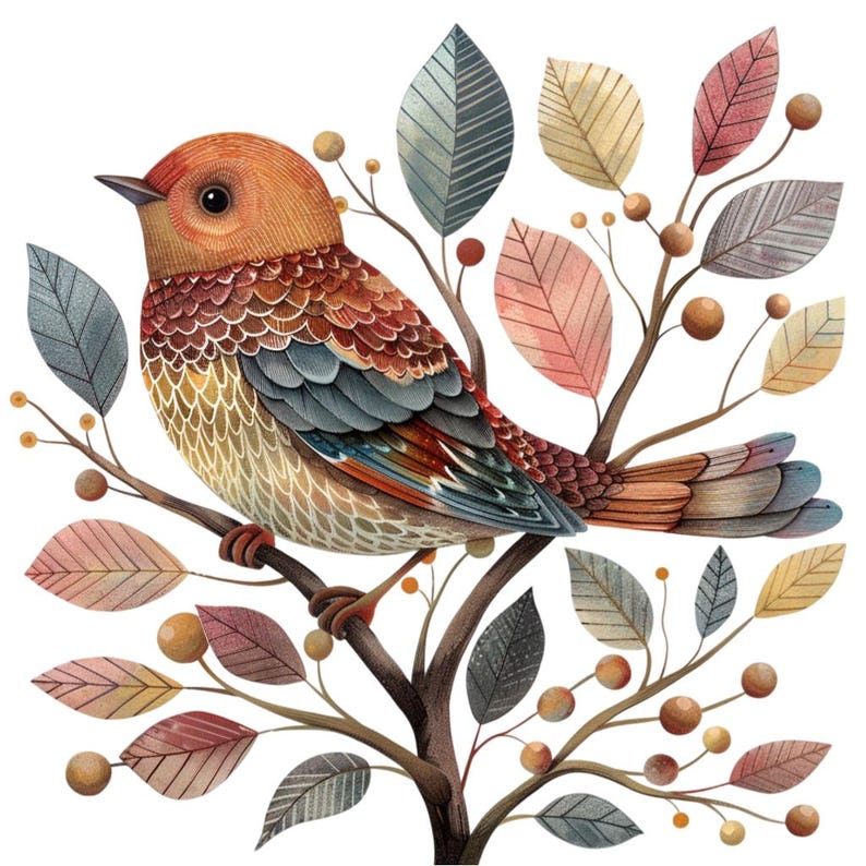 12 Bird on a Tree Branch Folk Art Clipart Bundle, 12 High-quality JPG ...