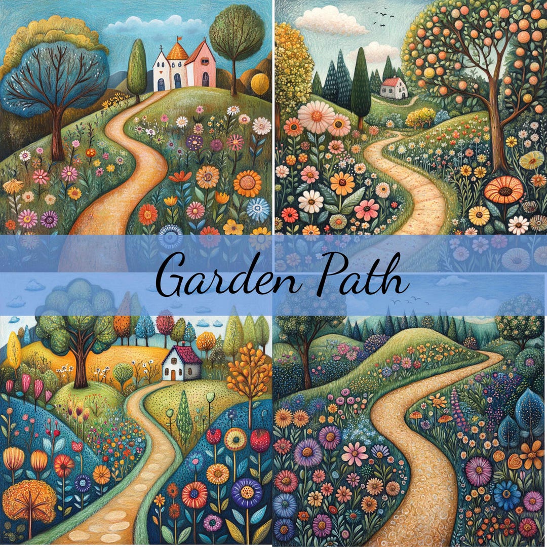 Folk Art Garden Path Trail Through Flowers Clipart Bundle, 16 High ...