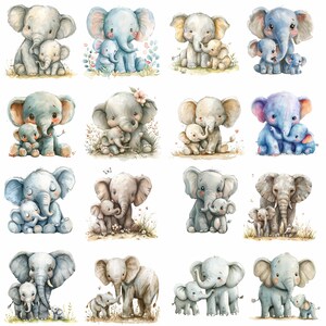 Cute Elephant With Baby Clipart Bundle, 16 High-quality JPG, Craft Art ...