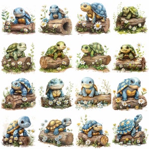 16 Cute Turtle on a Log With Flowers Clipart Bundle, High-quality JPG ...