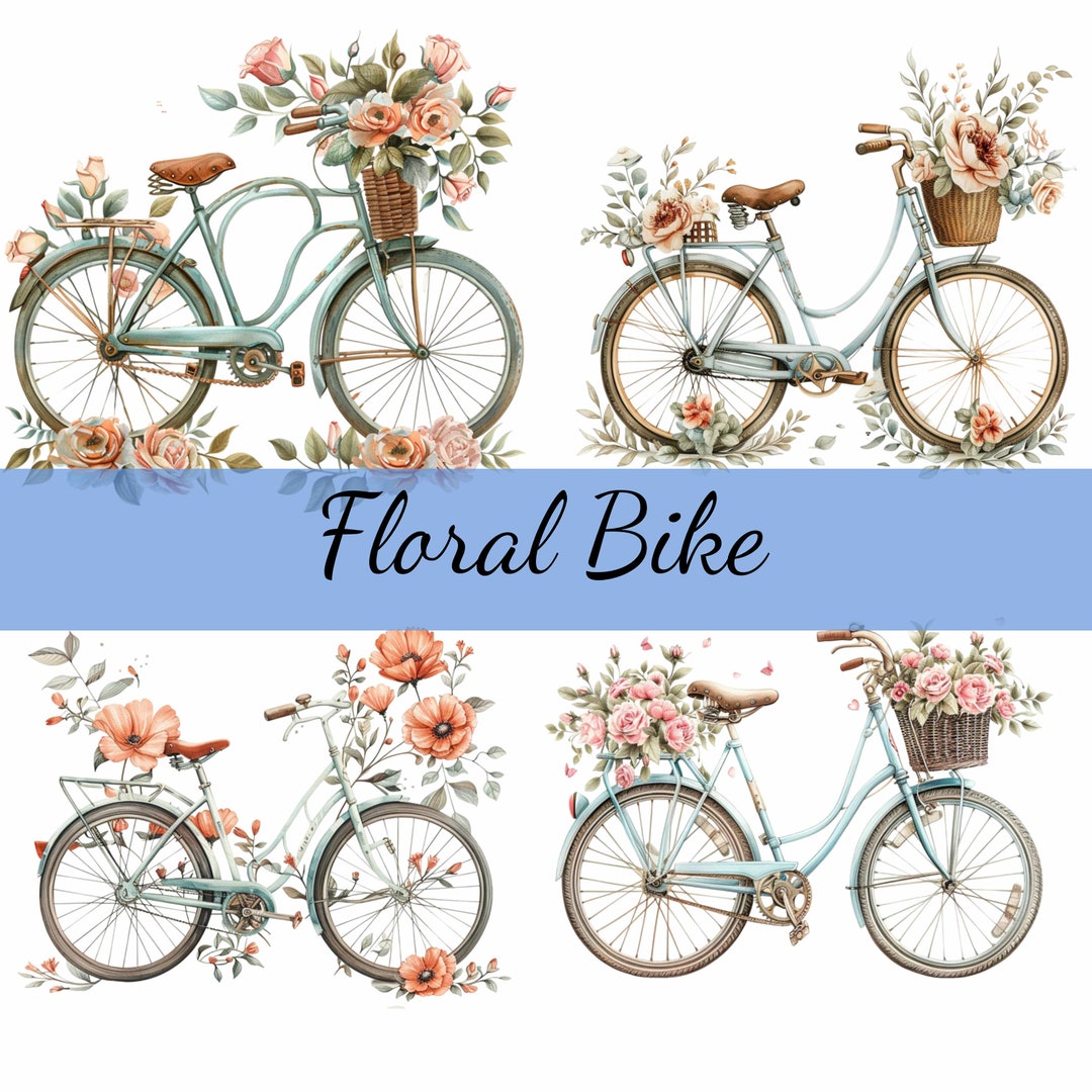 16 Vintage Bicycle With Flowers Clipart Bundle, High-quality JPG, Craft ...