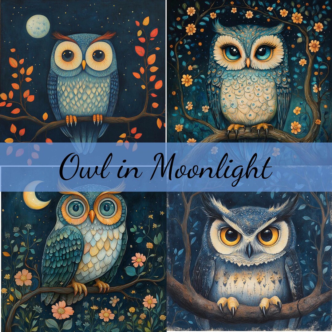 16 Owl in Moon Light Night Clipart Bundle, High-quality JPG, Craft Art ...