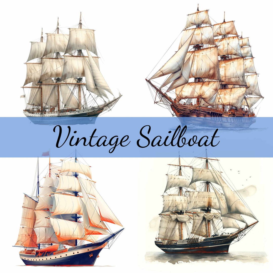 15 Vintage Sailboat Clipart Bundle, 15 High-quality JPG, Craft Art ...