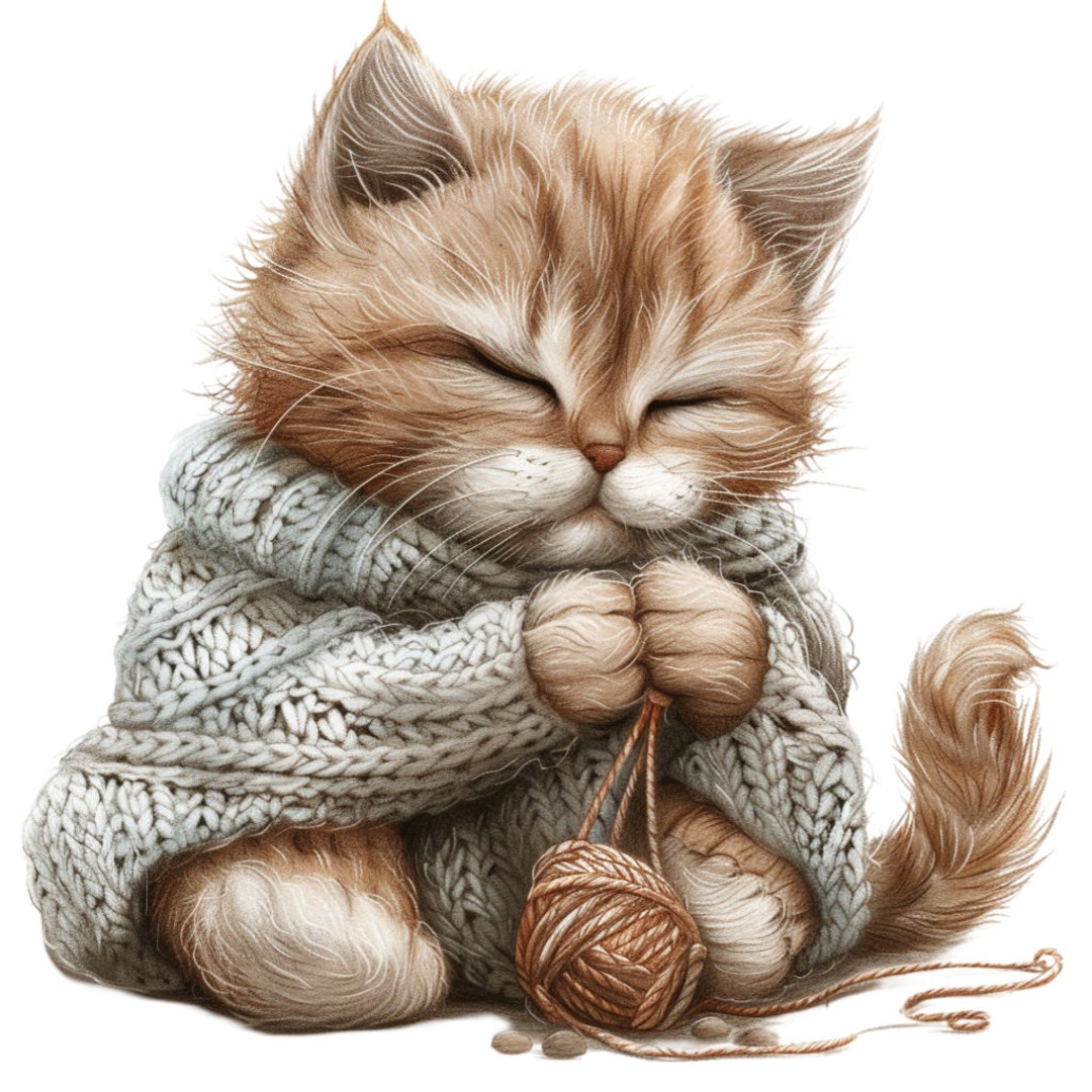 Cute Cat Knitting Yarn Clipart Bundle, 16 High-quality JPG, Craft Art ...