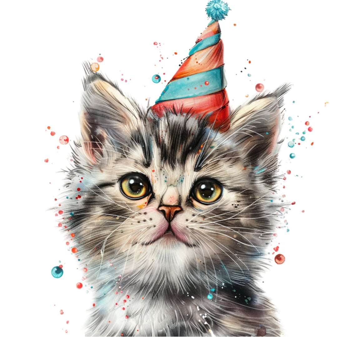 Cat With Party Hat Clipart Bundle, 14 High-quality JPG, Craft Art, Card ...