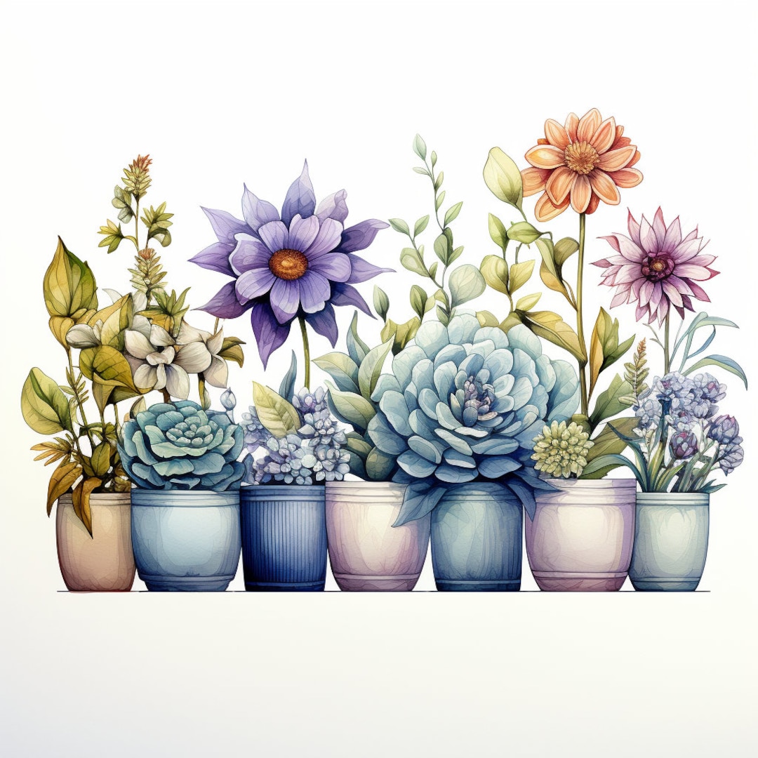 Row of Flowers in Pots Clipart Bundle, High-quality JPG, Craft Art ...