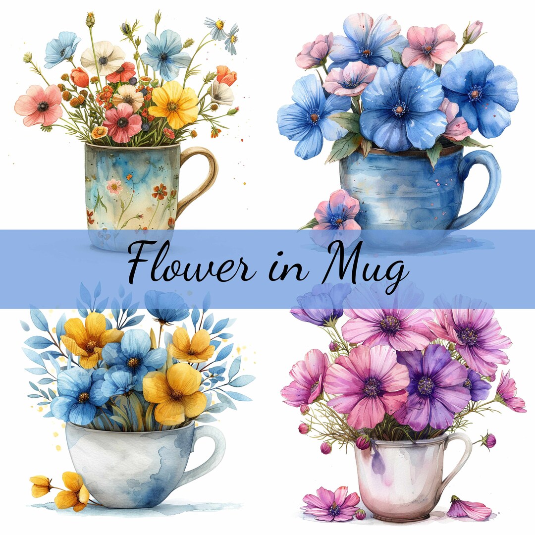 Colorful Flowers in Coffee Mug Teacup Clipart Bundle, High-quality JPG ...