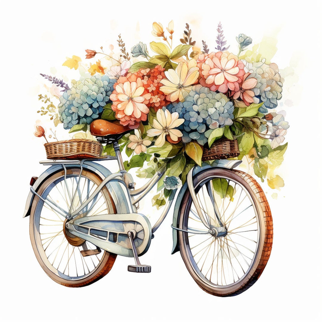 Flowers on Bicycle Clipart Bundle, High-quality JPG, Craft Art, Card ...