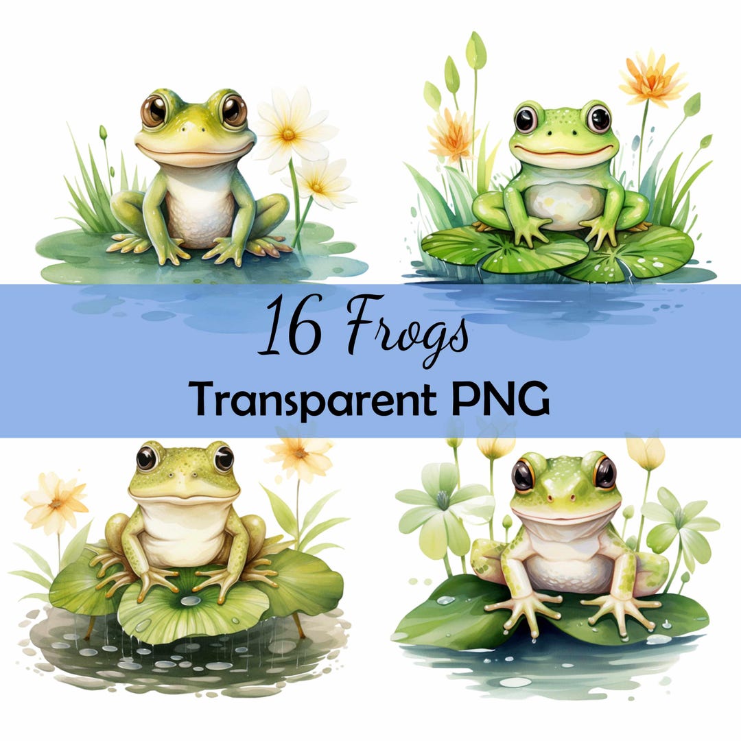 16 Cute Frog Lily Pad Boho Watercolor Clipart Bundle Transparent PNG ...