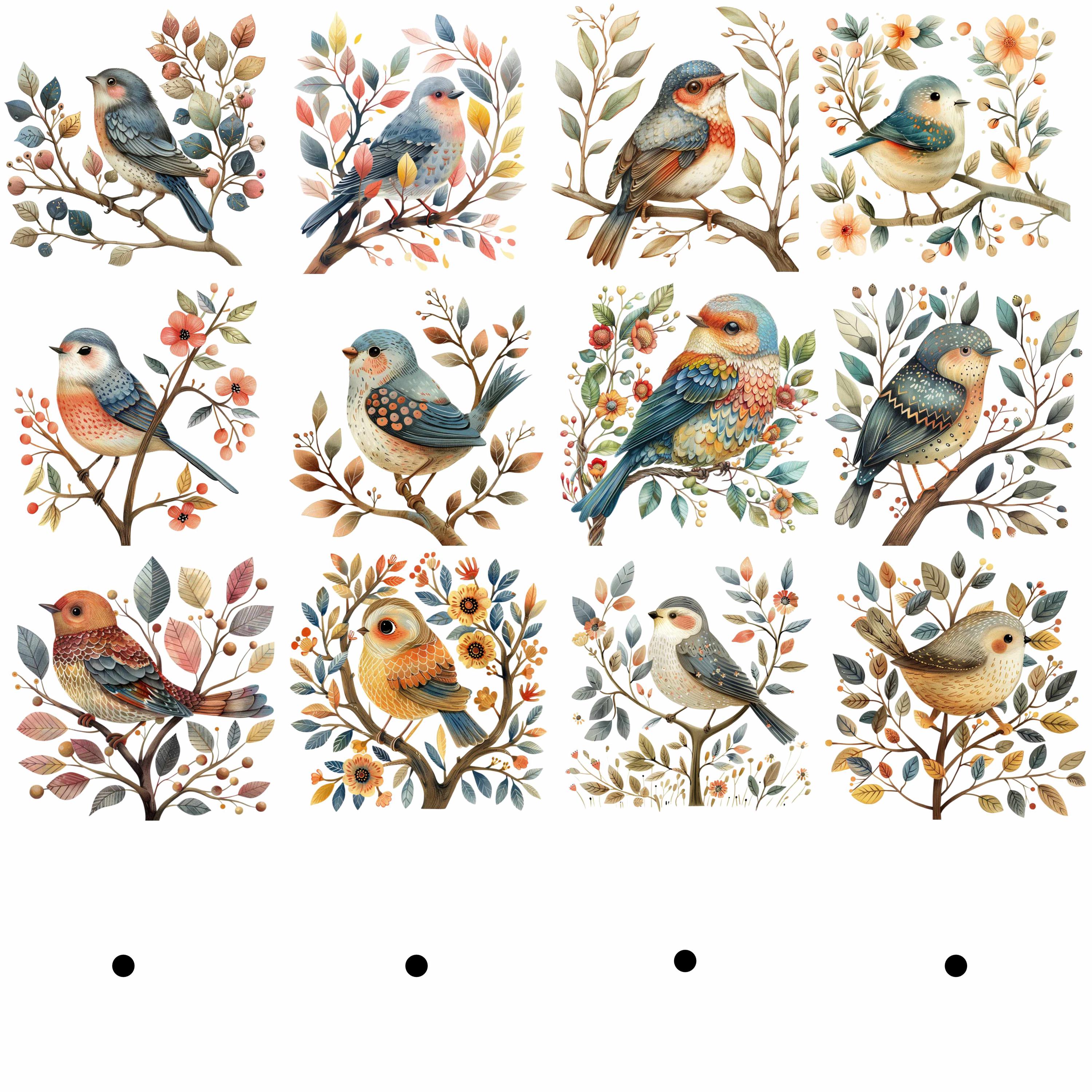 12 Bird on a Tree Branch Folk Art Clipart Bundle, 12 High-quality JPG ...