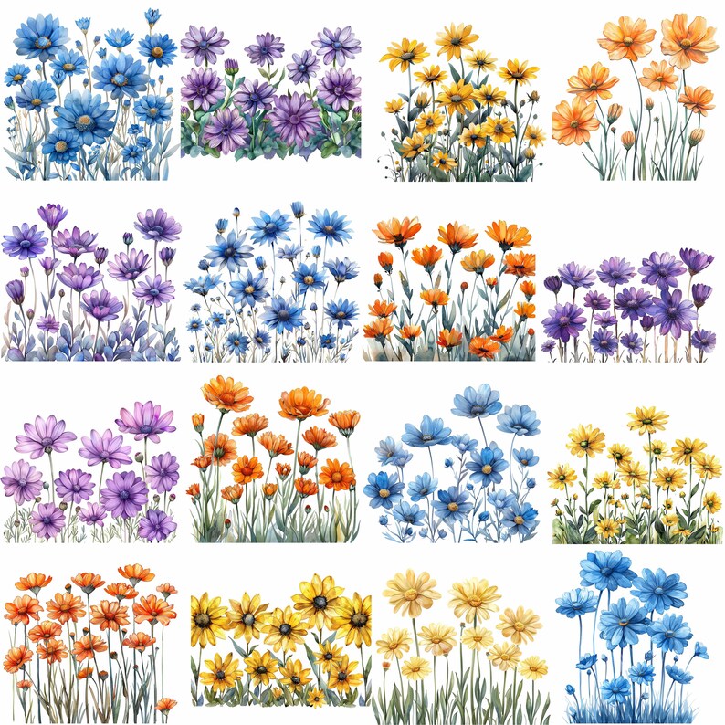 Colorful Daisy Flowers in a Row Clipart Bundle, 16 High-quality JPG ...