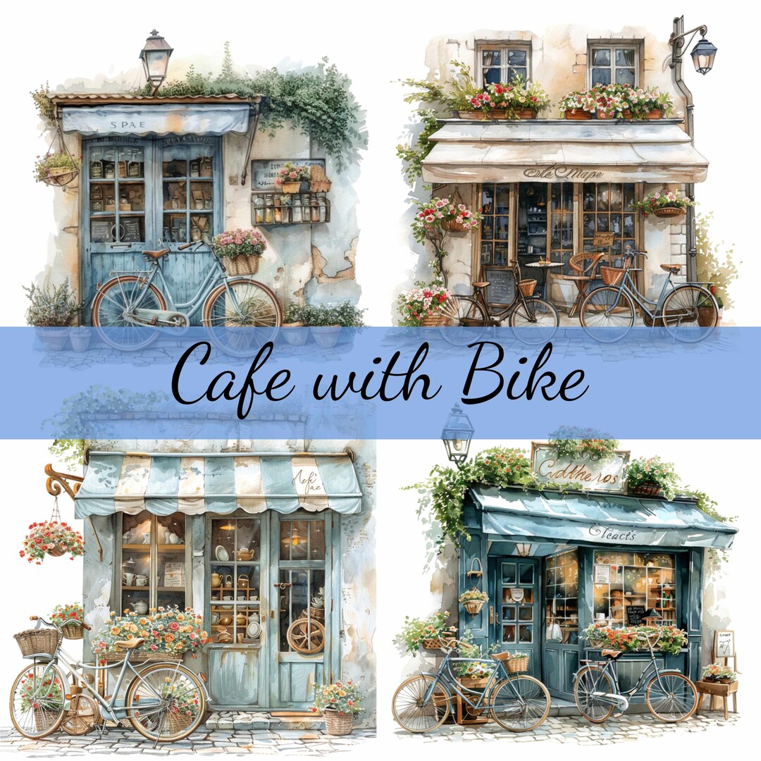 14 Cafe With Bike and Flowers Clipart Bundle, 14 High-quality JPG, Craft Art, Card Making, Clip ...