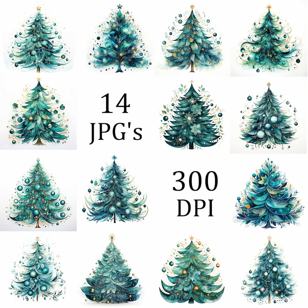 14 Boho Teal Christmas Tree Clipart Bundle, High-quality JPG, Card ...