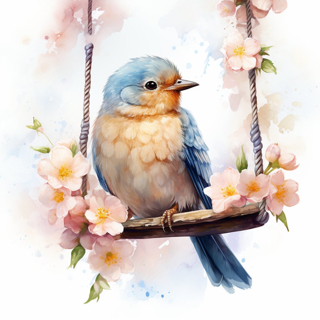 Bird on Swing With Spring Flowers Clipart Bundle, High-quality JPG ...