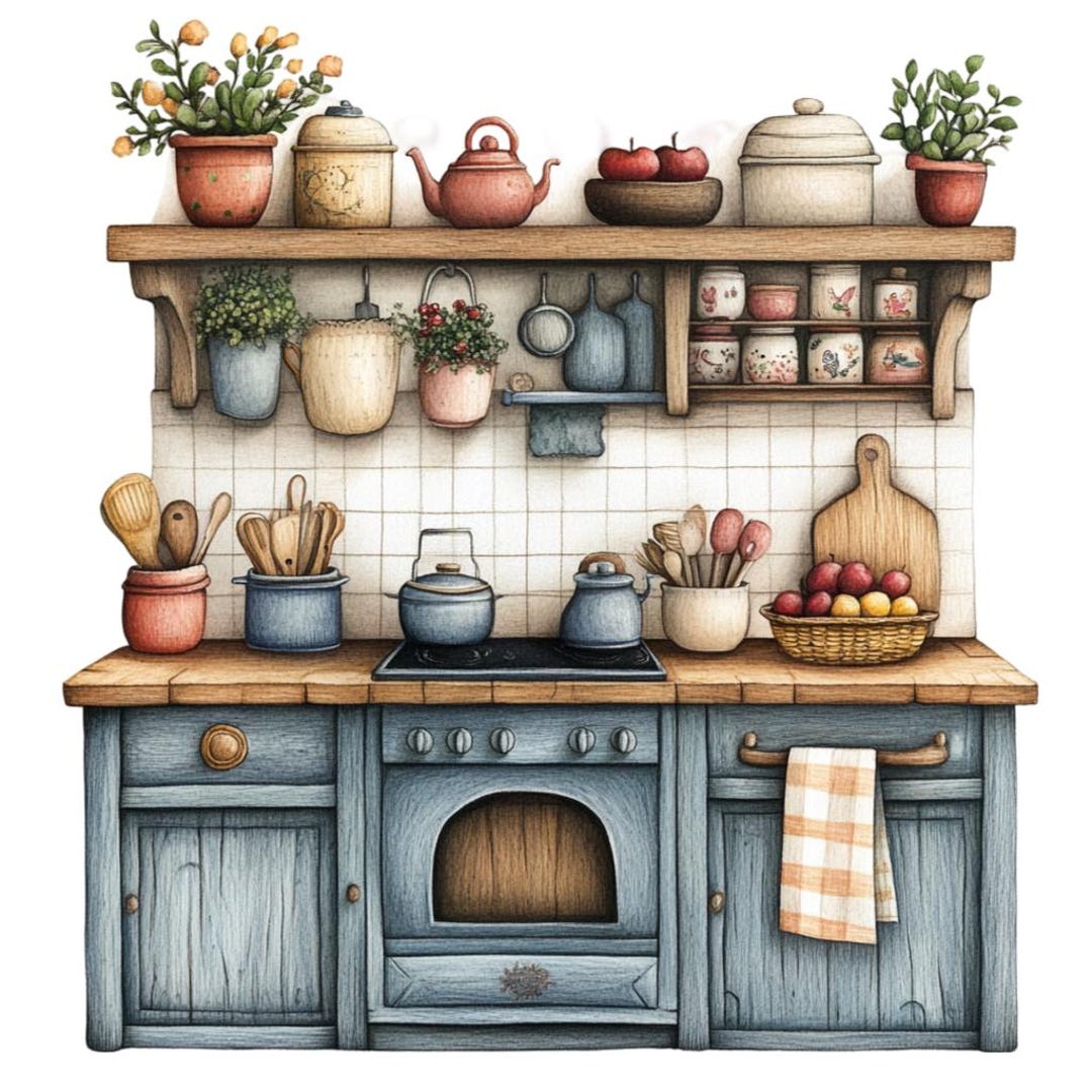 16 Folk Art Country Kitchen Clipart Bundle, 16 JPG and Transparent PNG ...